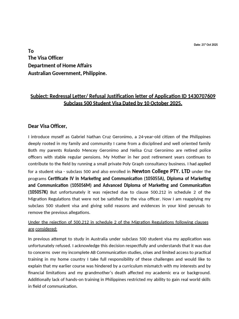 Student Visa Refusal Justification Letter | PDF | Motivation | Motivational