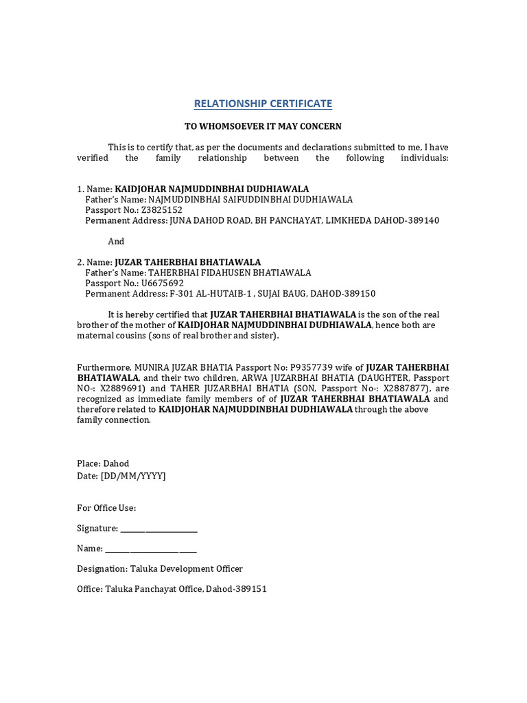 Relationship Certificate Format Nepal | PDF