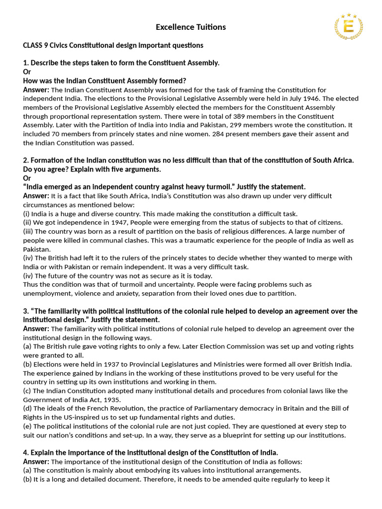 9 civics Constitutional design imp ques | PDF | Constitution | Democracy