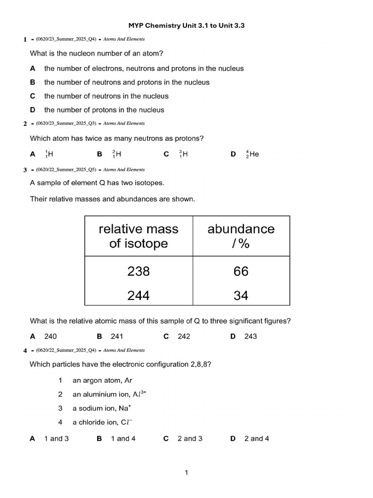 MYP Chemistry Unit 3.1 To Unit 3.3 | PDF