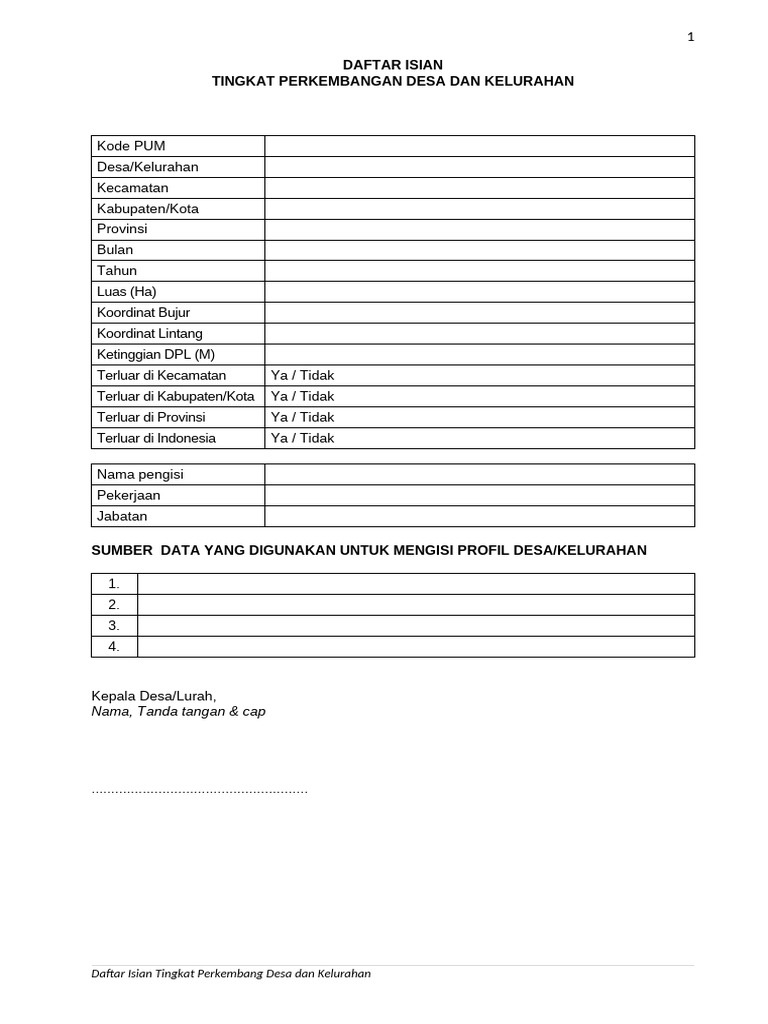 Form Daftar Isian Tingkat Perkembangan Desa | PDF
