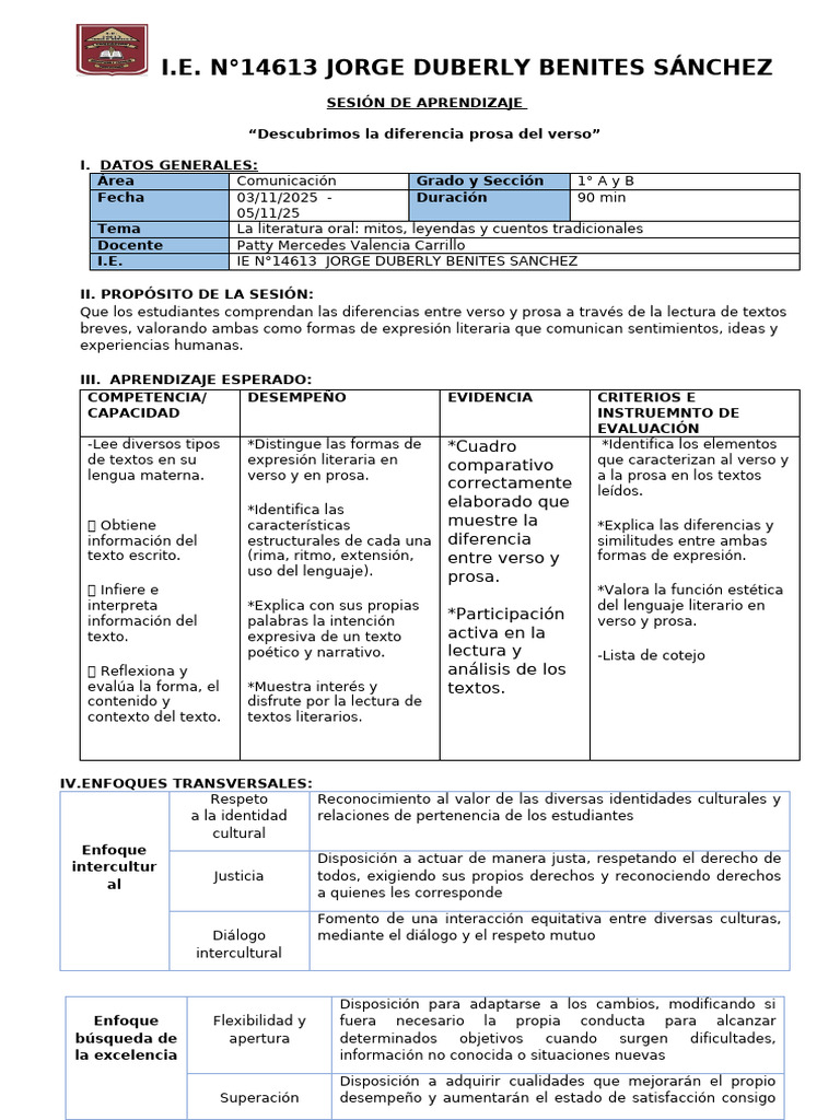 Sesion de Aprendizaje Diferenciamos La Prosa y El Verso | PDF | Prosa