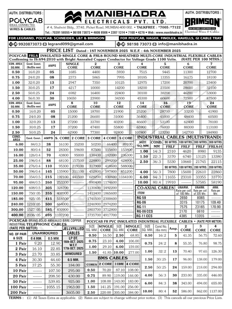 Manibhadra Industrial CABLES Price-List No. 06 DT 1st NOVEMBER 2025 ...