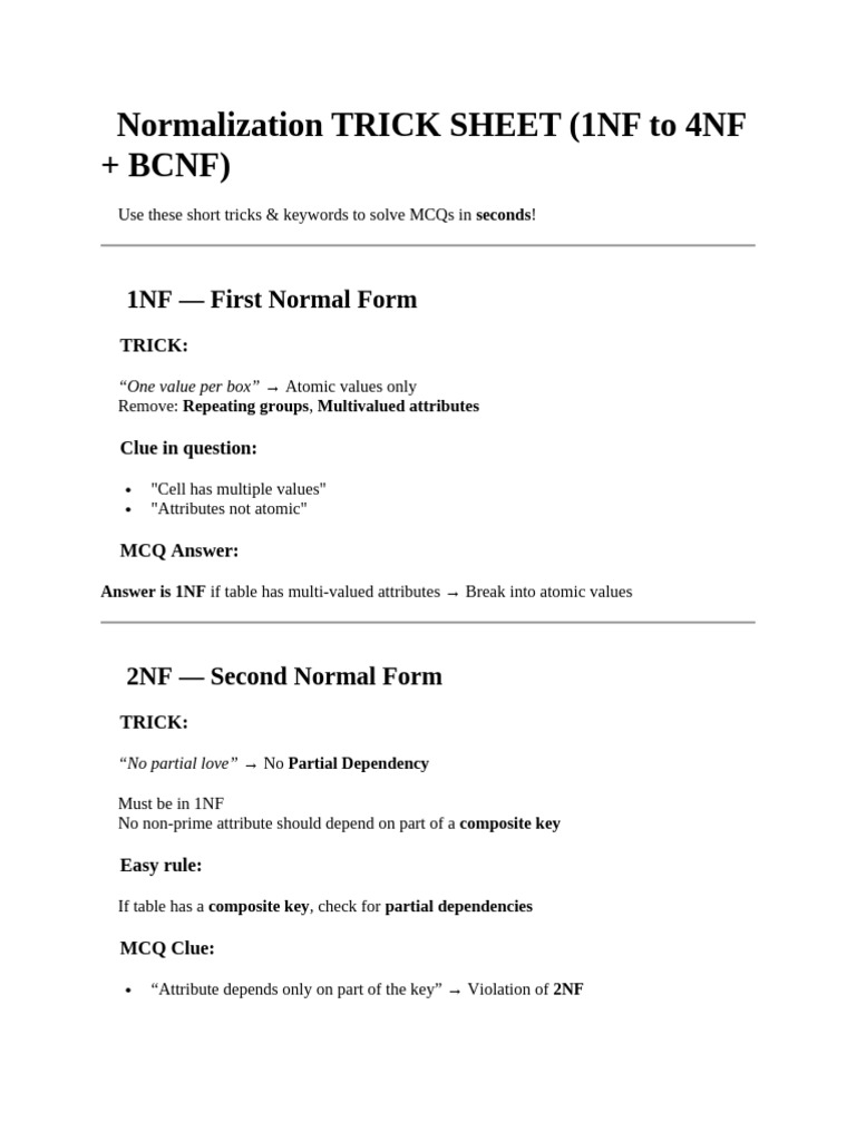 ? Normalization TRICK SHEET | PDF | Information Science | Information Technology Management