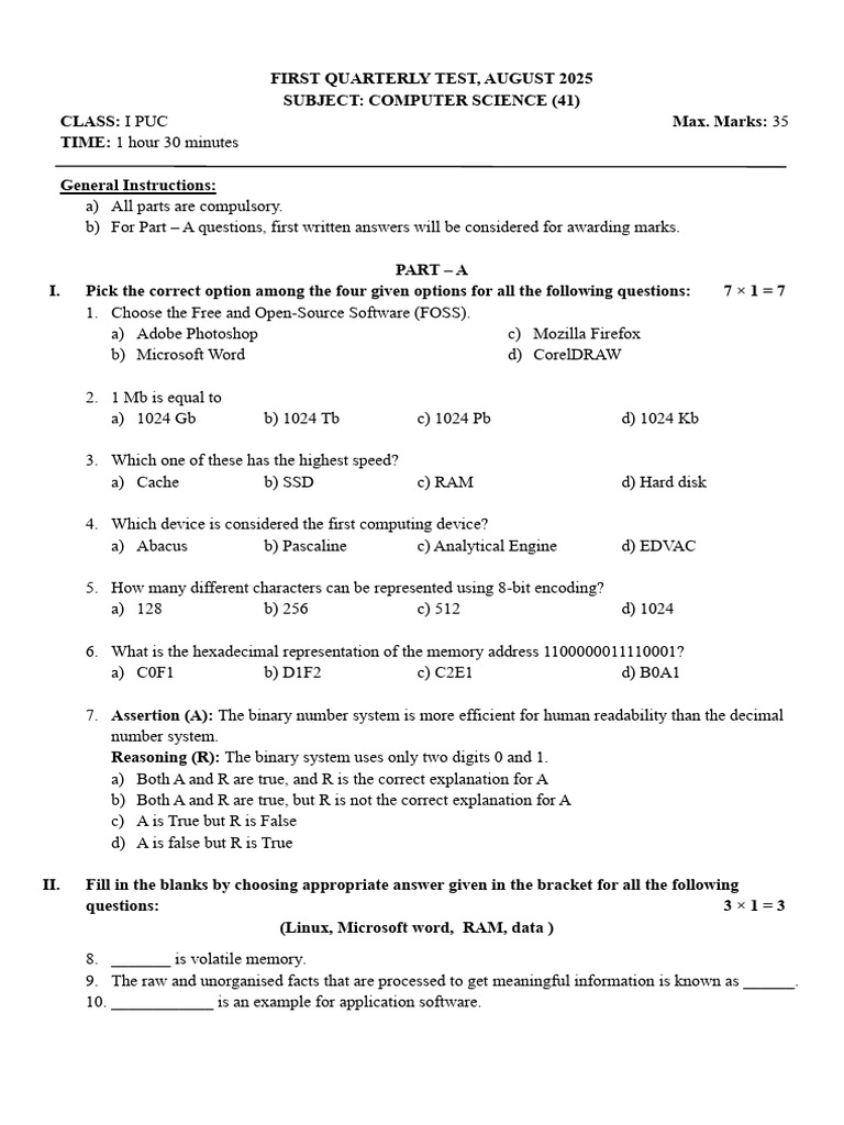 Computer Science Quarterly Test August 2025 | PDF | Byte | Operating System