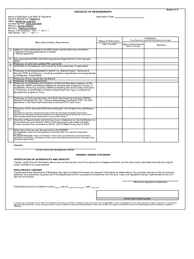 Annex C-2 - Checklist of Requirements and Omnibus Sworn Statement | PDF