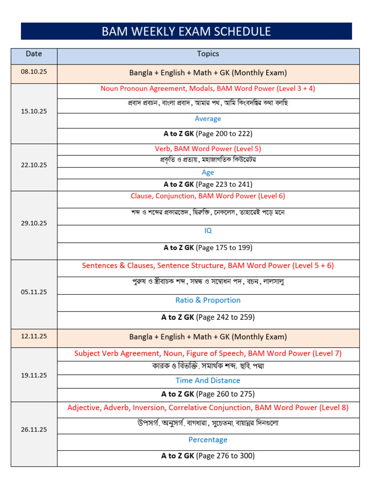 BAM Exam Schedule 2025 | PDF | English Language | Verb