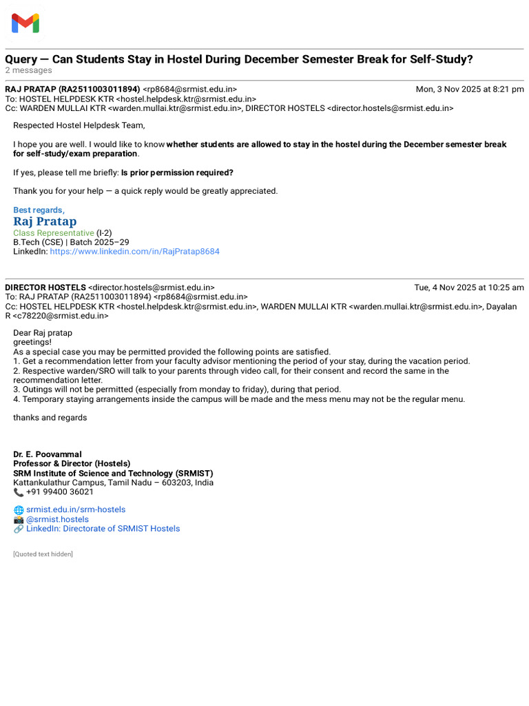 Gmail - Query - Can Students Stay in Hostel During December... | PDF