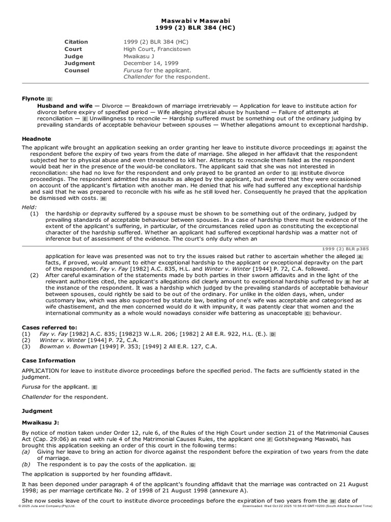 Maswabi V Maswabi 1999 (2) BLR 384 (HC) Generated | PDF | Divorce ...