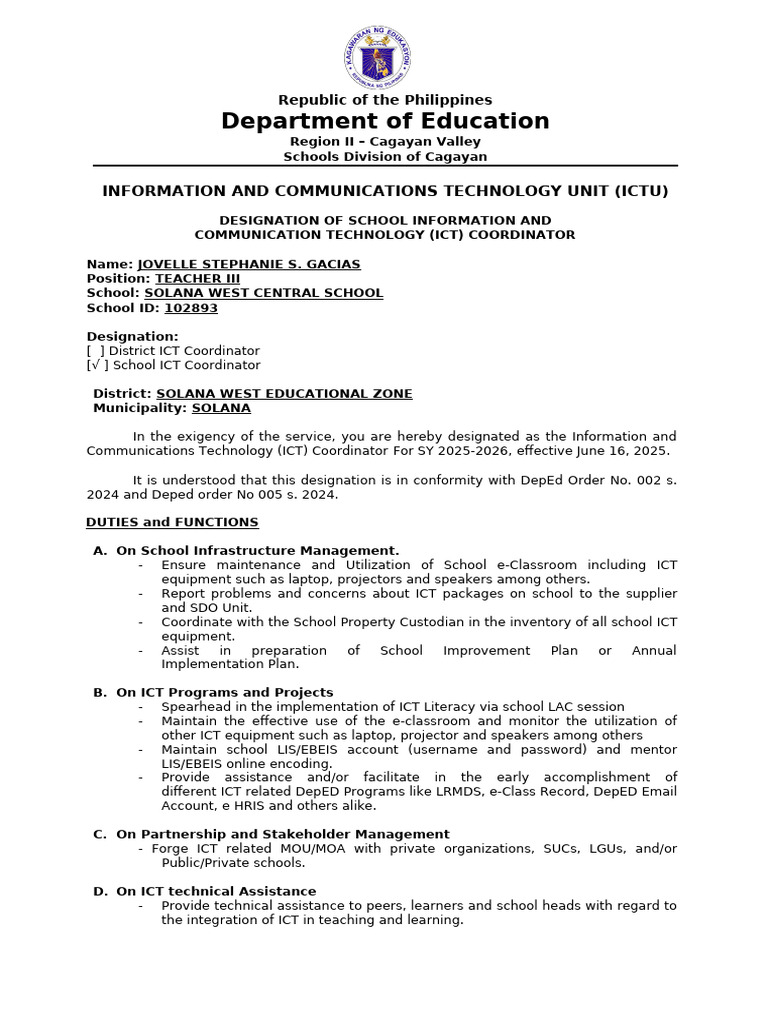 Designation of Ict Coordinator Edit Only Red Text 2 1 | PDF | Educational Technology ...