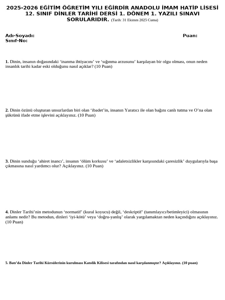 12. sınıf 2025 dinler tarihi 1. dönem 1. yazılı | PDF