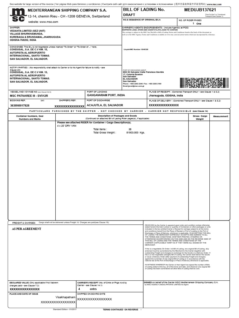 Concord Mexico (Condusal) - 80.383MT | PDF | Bill Of Lading | Cargo