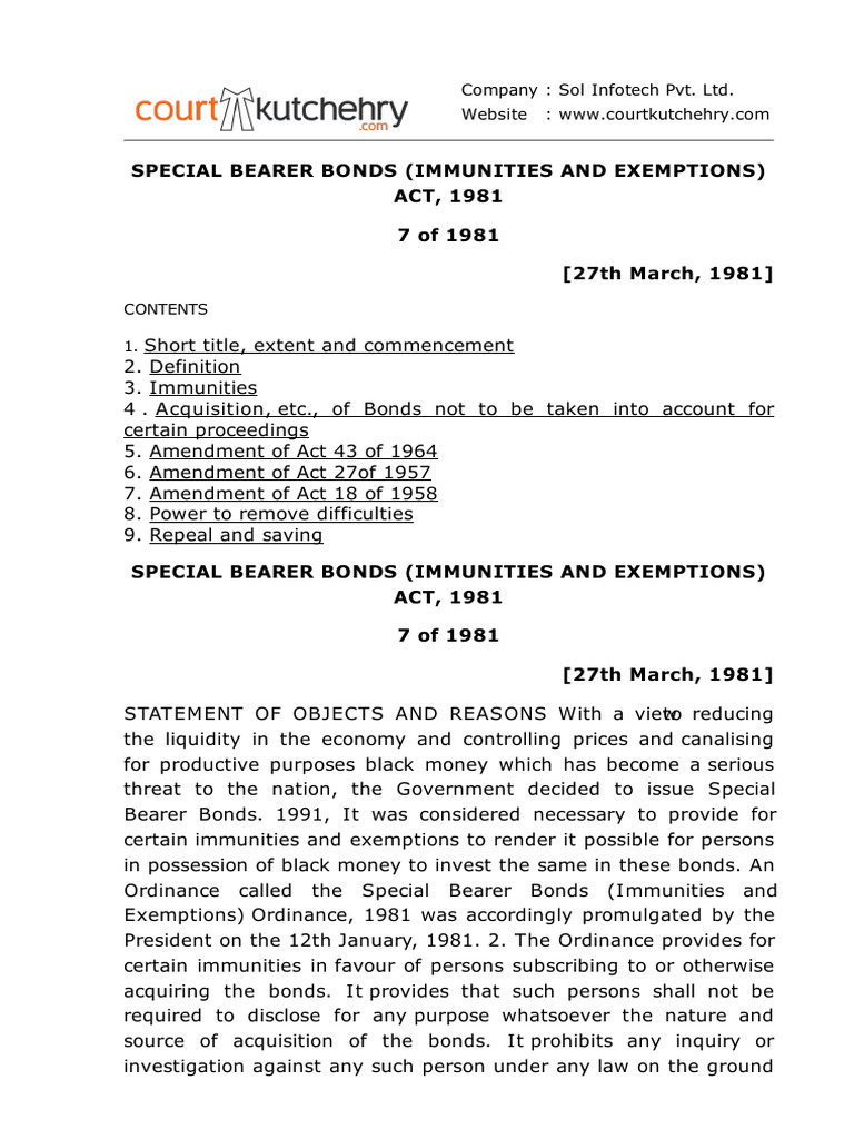 Special Bearer Bonds Act 1981 Overview | PDF | Public Law | Common Law