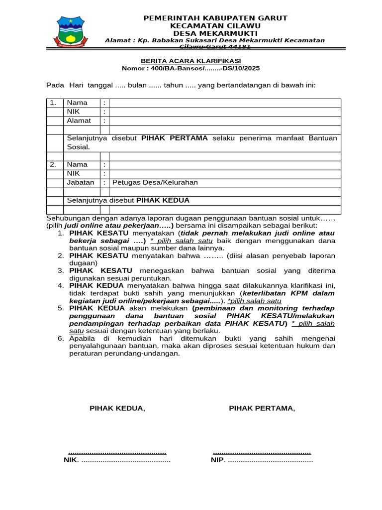 Berita Acara Klarivikasi Bansos | PDF