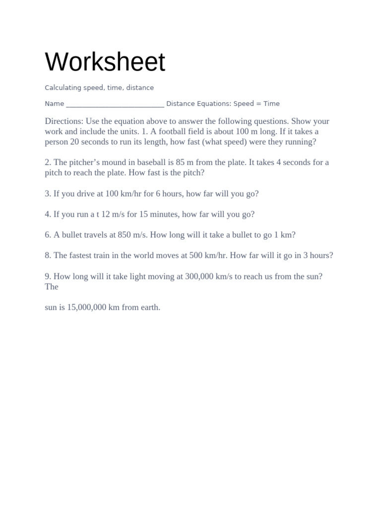 Worksheet: Calculating Speed, Time, Distance Name - Distance Equations ...