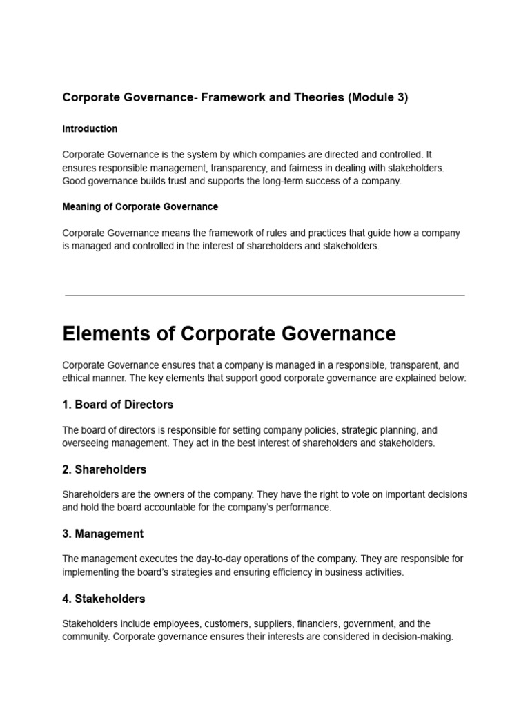 Corporate Governance: Framework & Theories | PDF | Corporate Governance ...