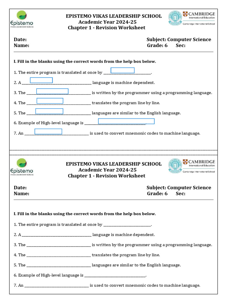 Grade 6 Computer Science Revision Worksheet | PDF | Programming ...