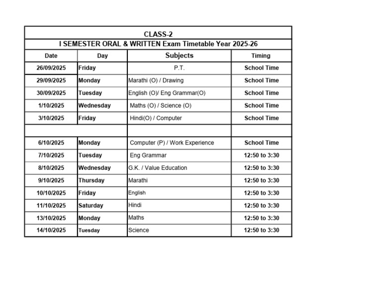 Class 2 Exam Time Table I Sem | PDF