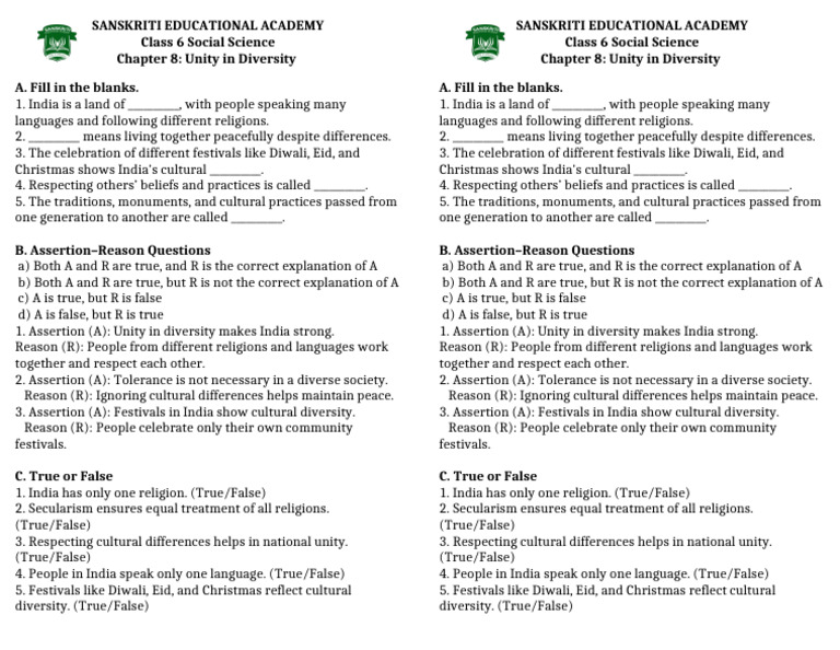 Class 6 Unity in Diversity Worksheet | PDF | Festival