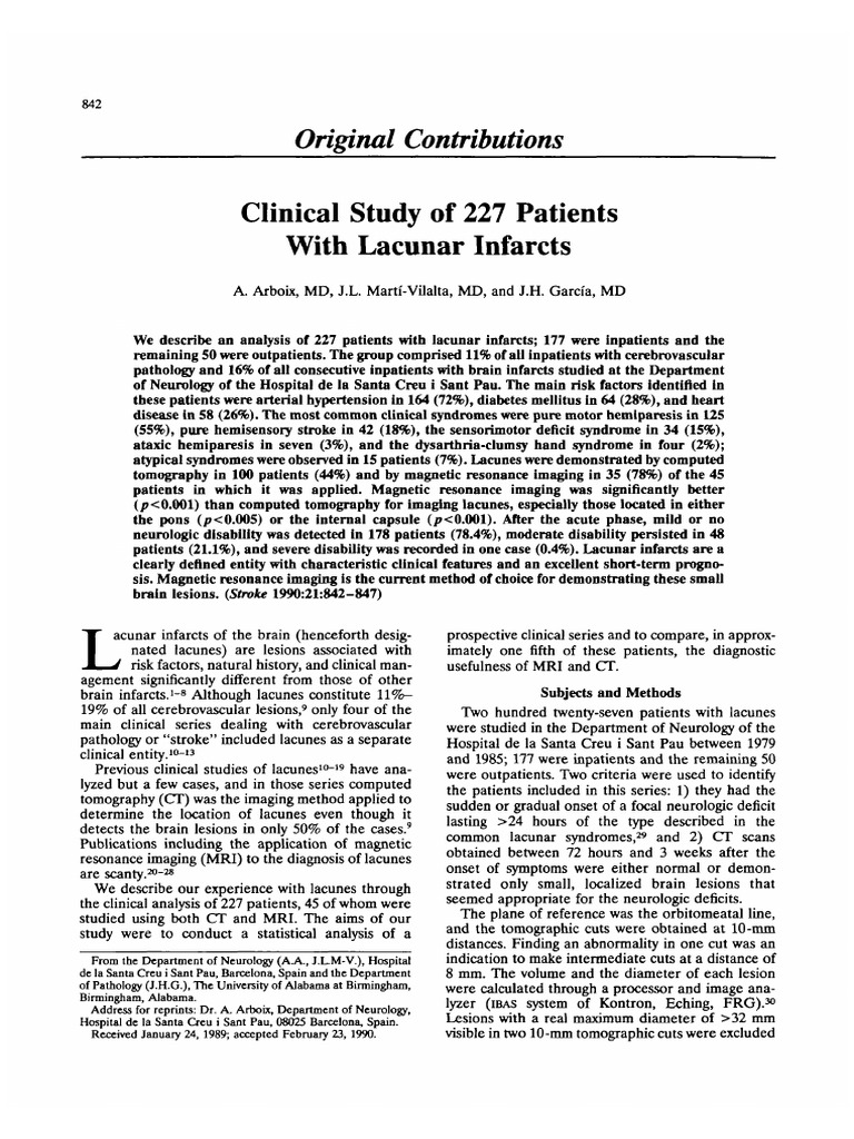 Clinical Study of 227 Patients With Lacunar Infarcts | PDF | Blood ...