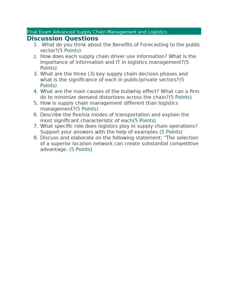 SCM FINAL EXam Work Sheet | PDF