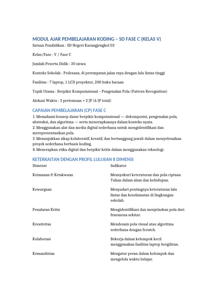 Modul Ajar SD FaseC Koding Pengenalan Pola | PDF