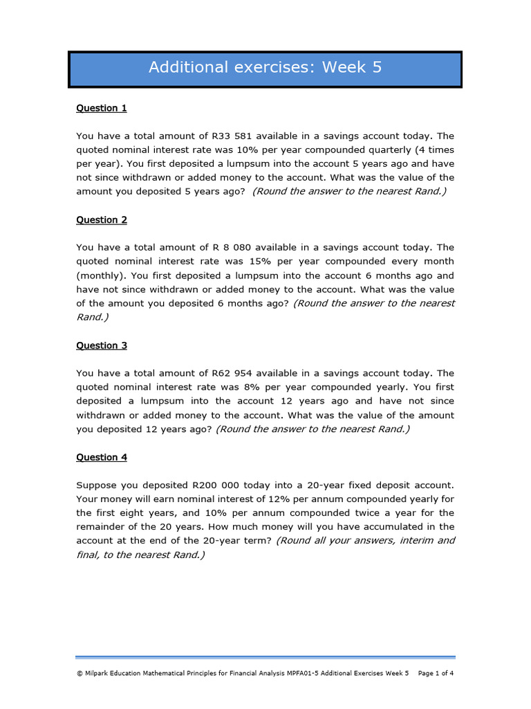 MPFA01-5 Week 5 Practice Questions | PDF | Interest | Interest Rates
