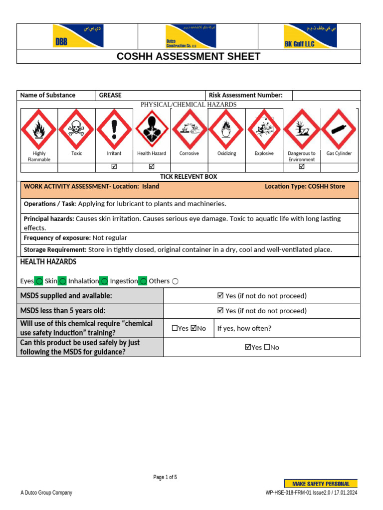 Grease - COSHH Assessment | PDF | Toxicity | Hazards