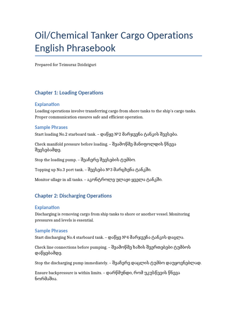 Oil Chemical Tanker Cargo Operations Phrasebook Final | PDF