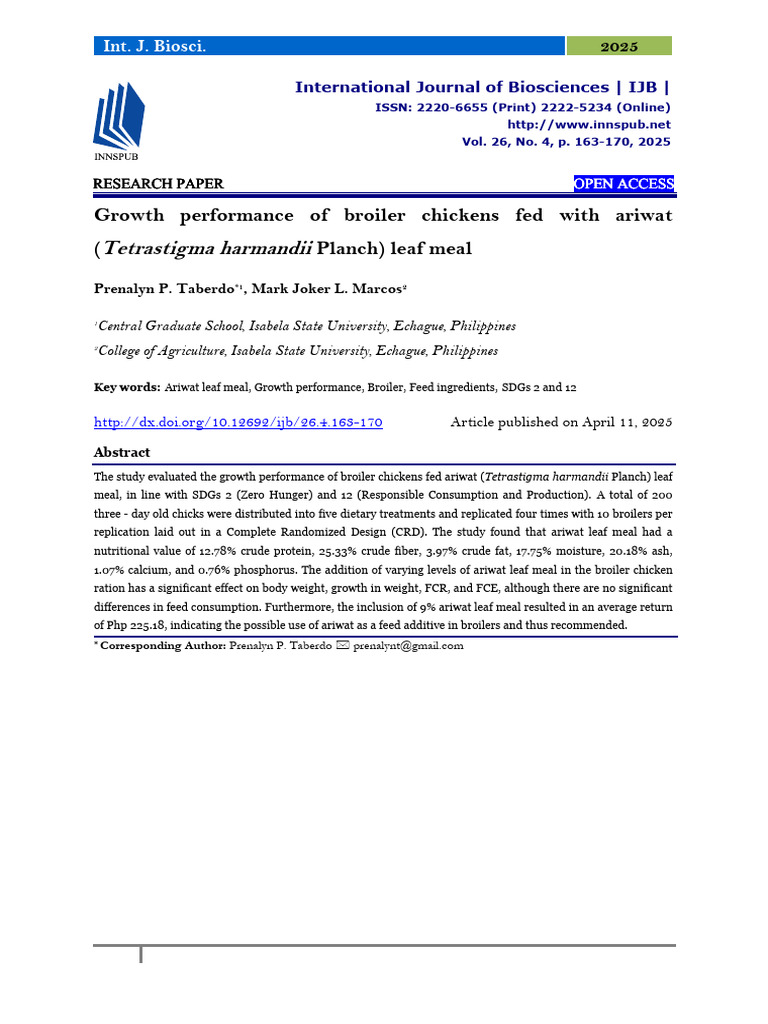 Growth performance of broiler chickens fed with ariwat (Tetrastigma ...