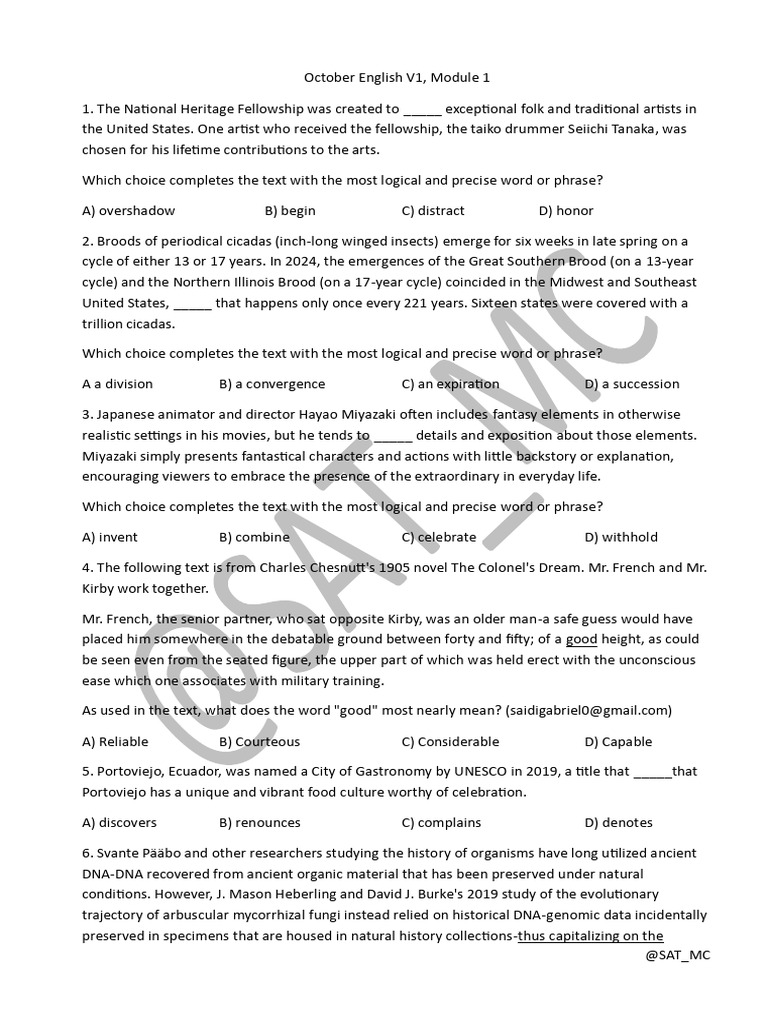 SAT Practice Questions for October 2025 | PDF | Extinction | Economics