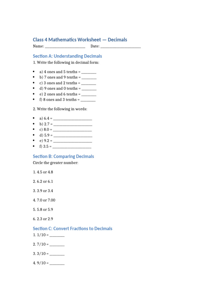 Class 4 Decimals Worksheet | PDF