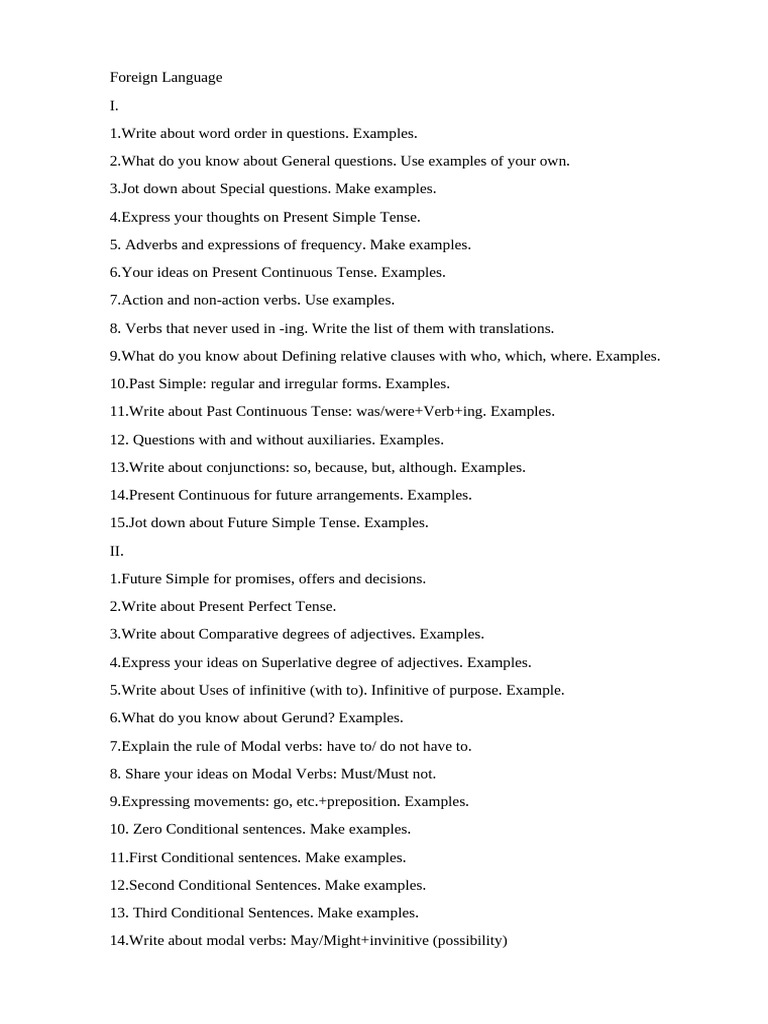 Exam Questions Foreign Language | PDF | Verb | Grammatical Tense