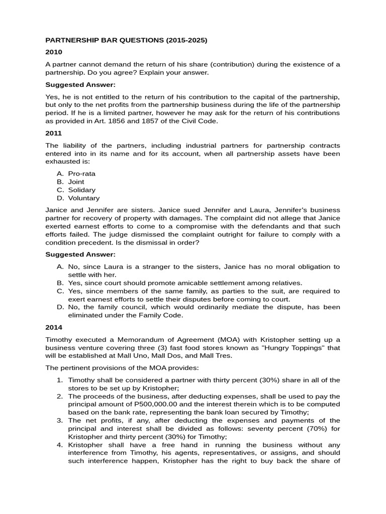 Partnership Law Questions (2015-2025) | PDF | Lease | Partnership