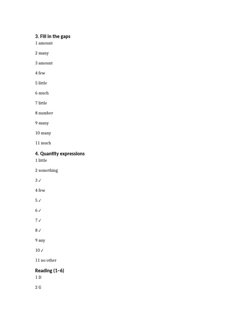 Fill in The Gaps: 1 Amount 2 Many 3 Amount 4 Few 5 Little 6 Much 7 ...