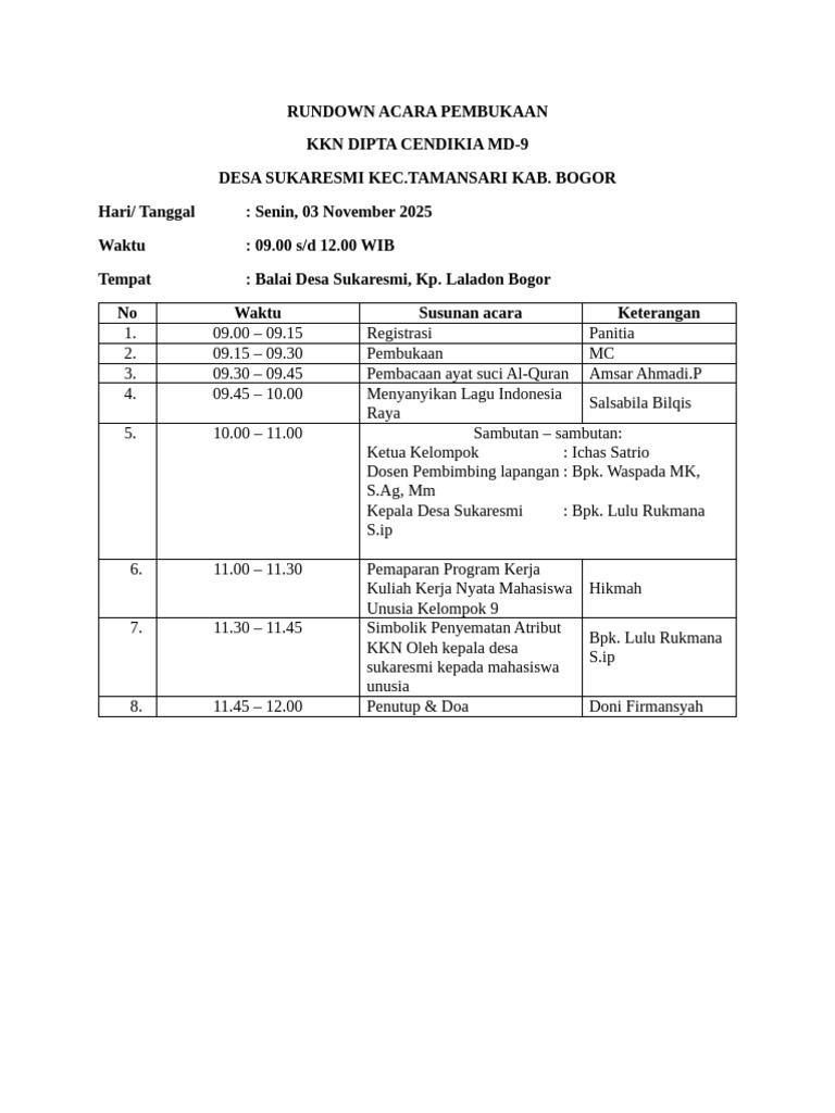 Rundown Acara KKN Dipta Cendikia MD-9 | PDF