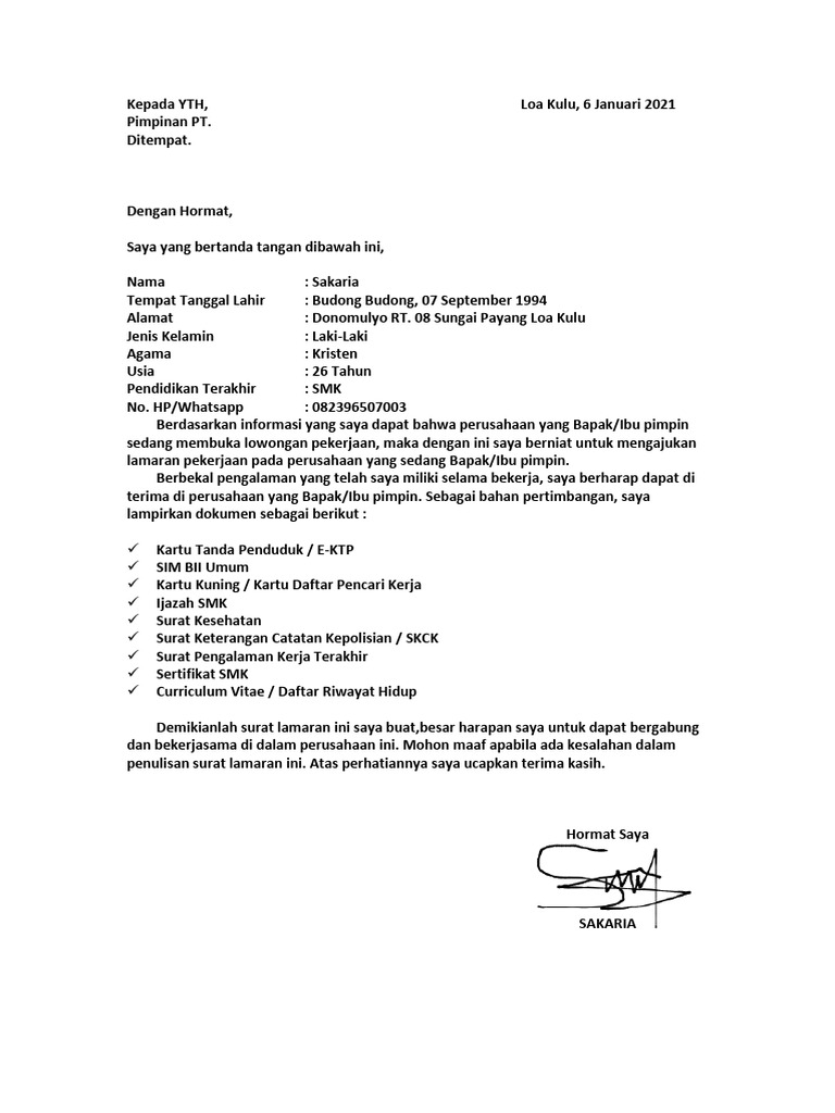 Surat Lamaran Kerja Sakaria 2021 | PDF