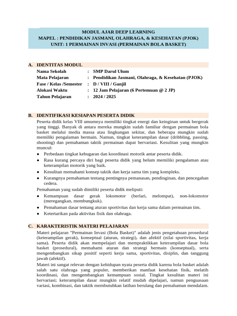 Modul Unit 1 Permainan Invasi (Permainan Bola Basket) | PDF