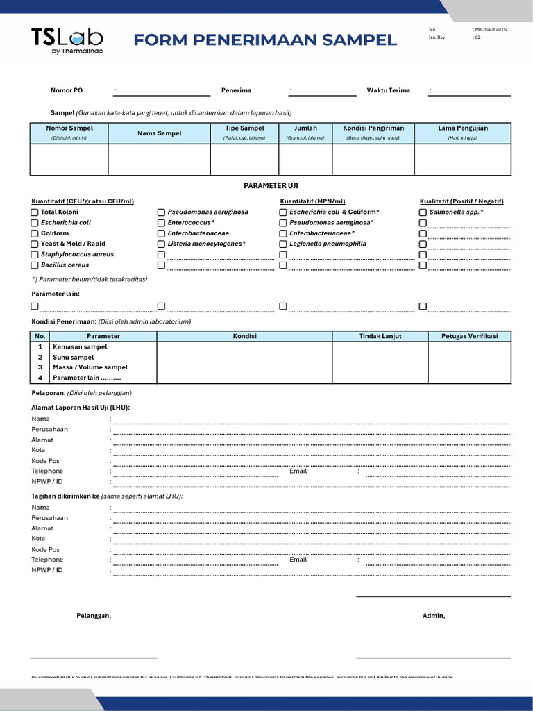 016 - (Rev 2) Form Penerimaan Sampel | PDF