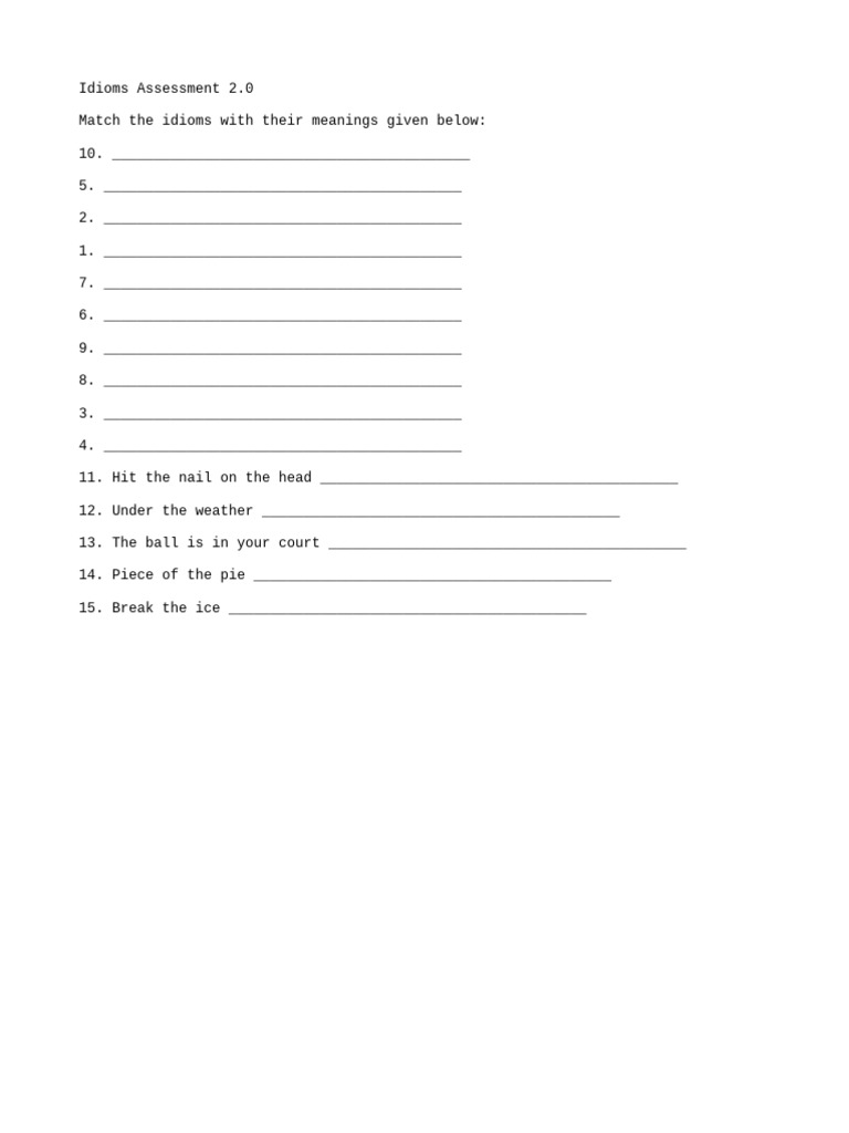 Idioms Assessment Matching Quiz | PDF
