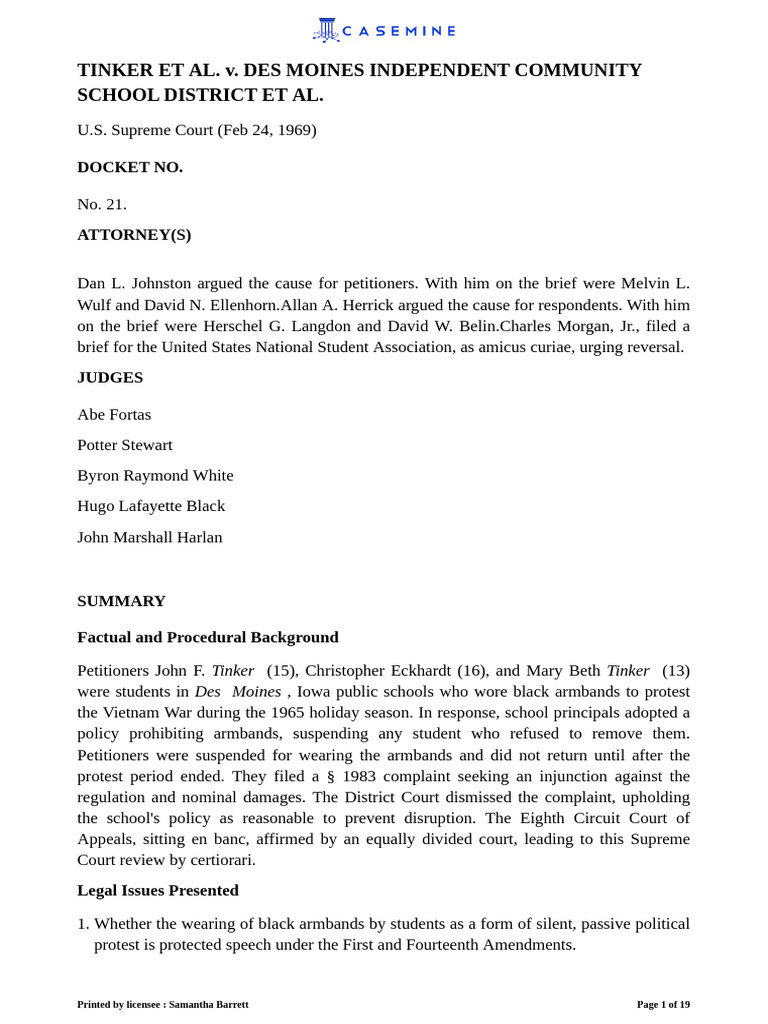 Tinker v. Des Moines: Free Speech Case | PDF | First Amendment To The ...