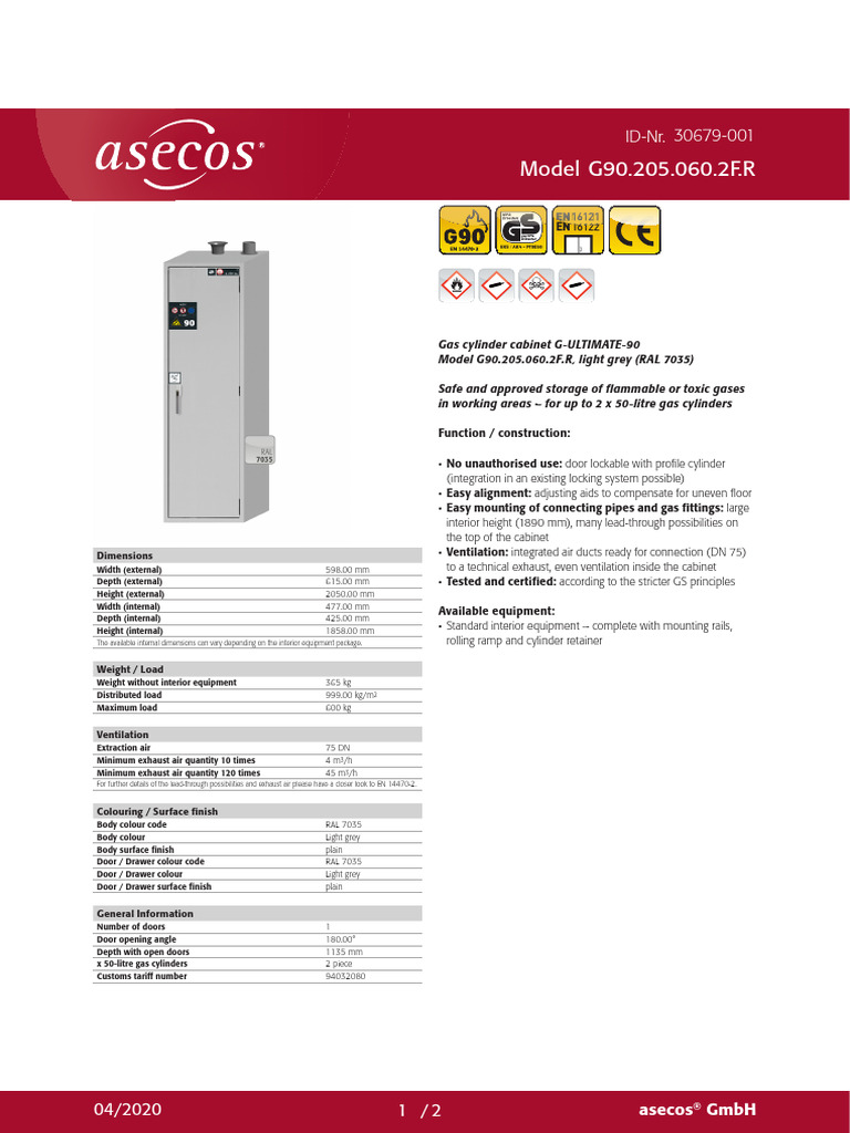 Gas Cylinder Storage Cabinet G-ULTIMATE-90 | PDF | Gases | Pipe (Fluid ...