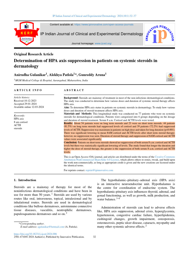 - Determination of HPA axis suppression in patients on systemic ...