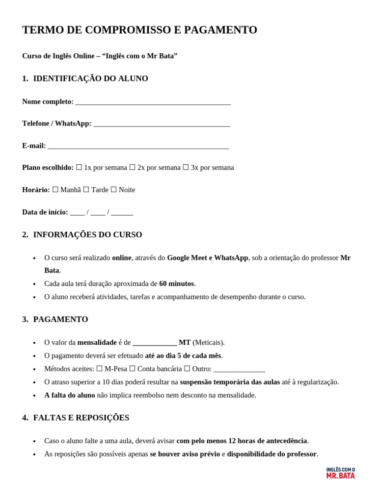 Termo de Compromisso Curso de Inglês Online | PDF