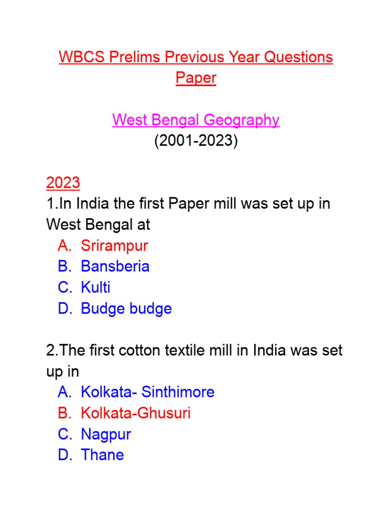 WBCS Prelims Geography Questions 2001-2023 | PDF | Kolkata | Bengal
