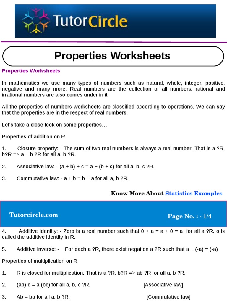Properties Worksheets | PDF | Real Number | Numbers