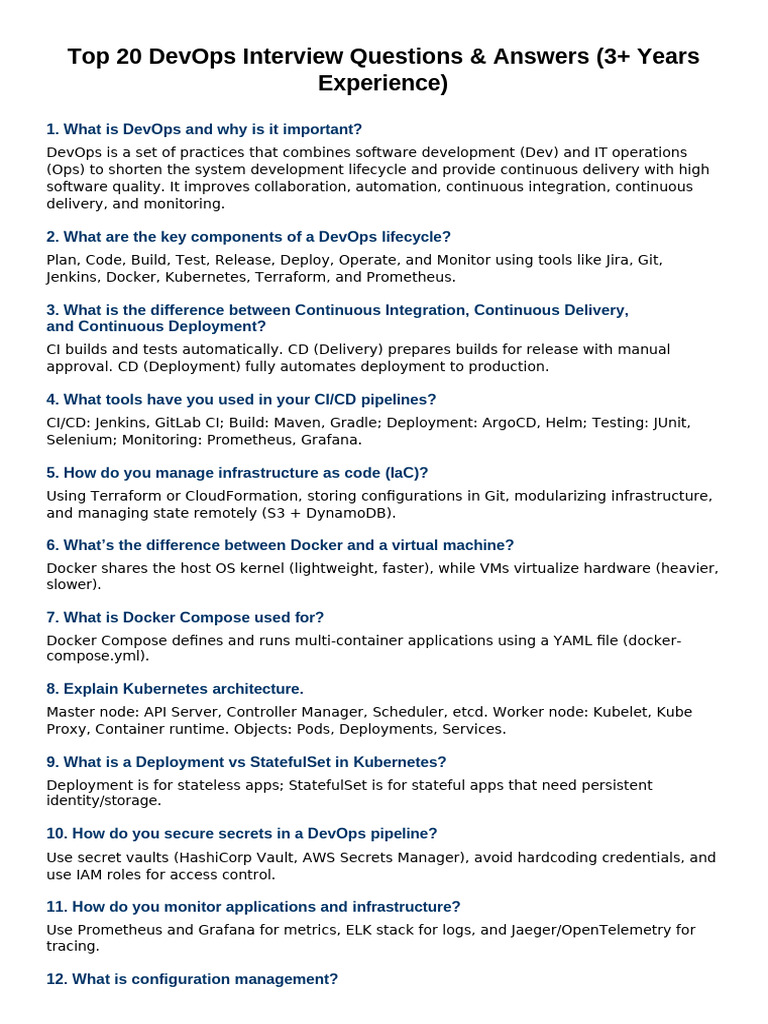 Top 20 DevOps Interview QA For 3+ Years Experience | PDF | System ...