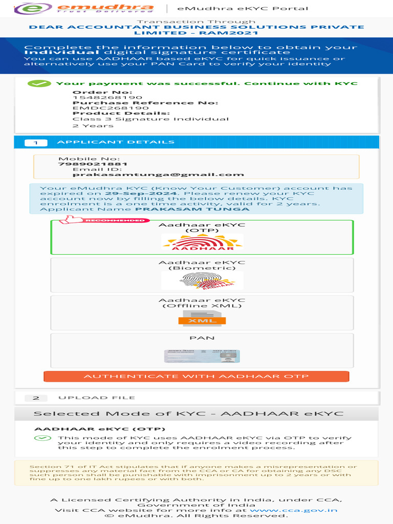 Paperless Individual Enrollment EMudhra EKYC Portal | PDF