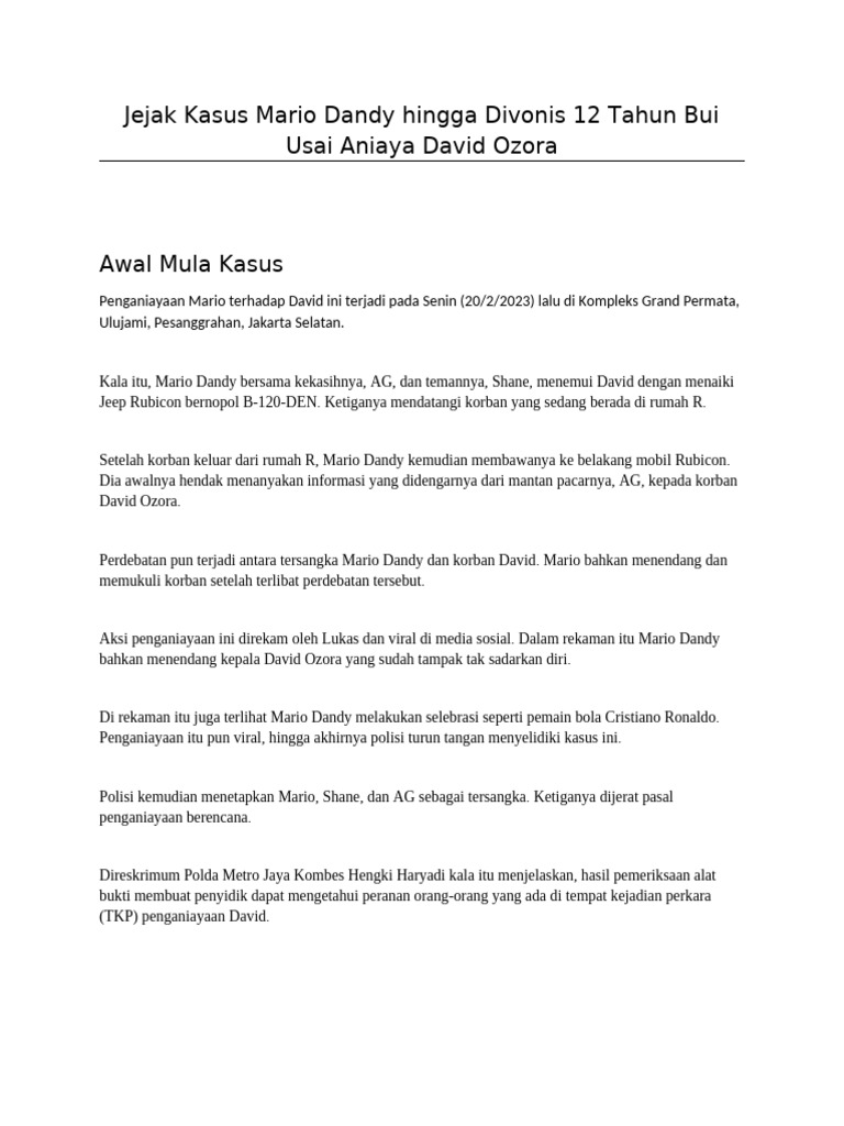 Jejak Kasus Mario Dandy Hingga Divonis 12 Tahun Bui Usai Aniaya David Ozora | PDF