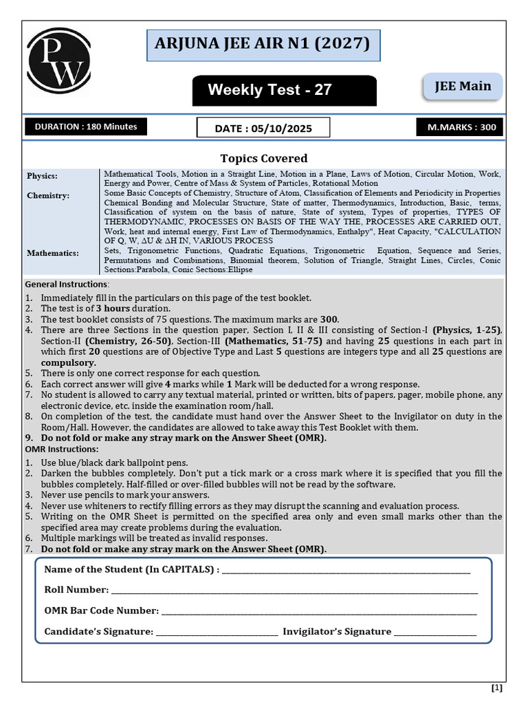 Arjuna JEE AIR N1 Weekly Test 2027 | PDF | Photoelectric Effect | Gases